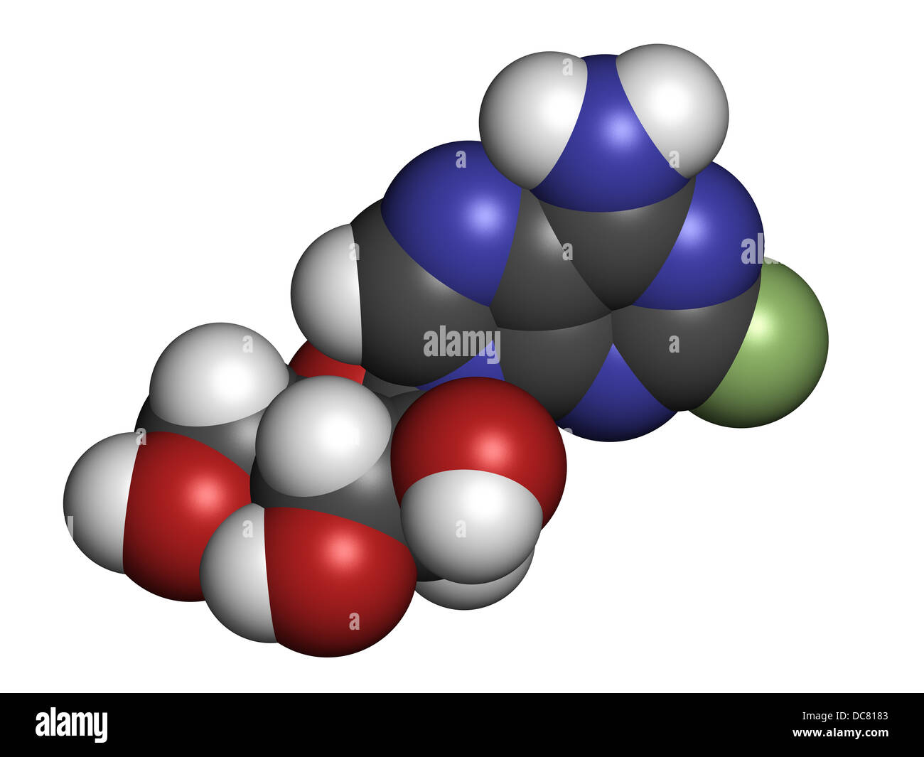 Fludarabine blood cancer drug, chemical structure. Atoms are ...