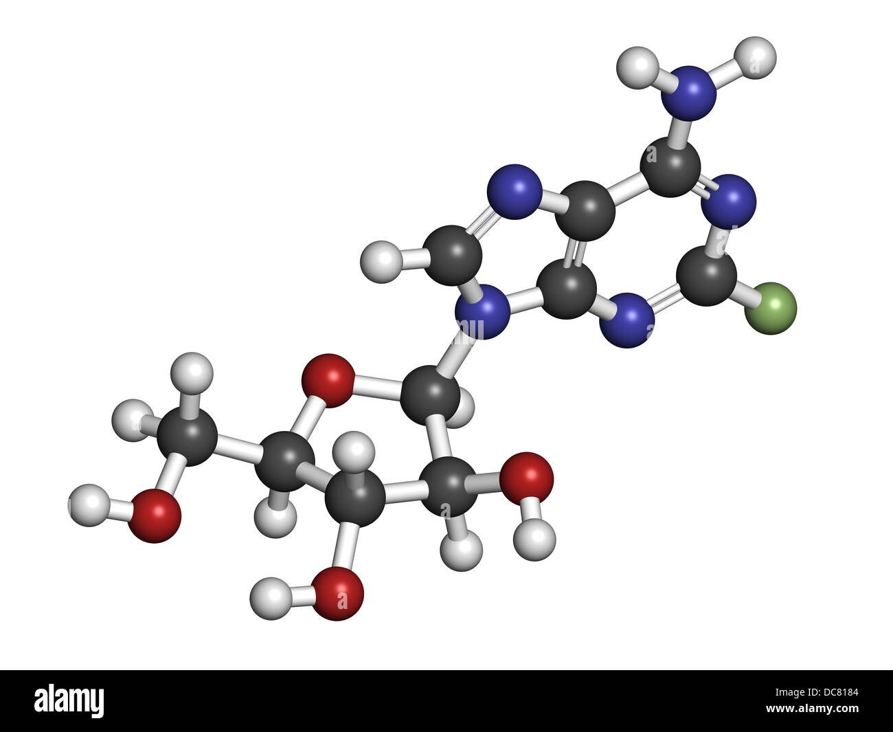Fludarabine blood cancer drug, chemical structure. Atoms are ...