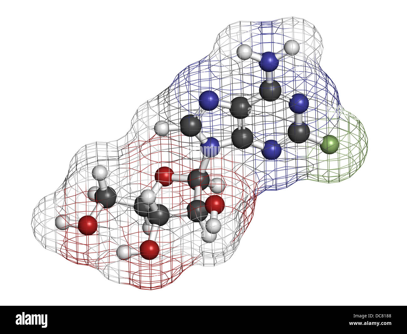 Fludarabine blood cancer drug, chemical structure. Atoms are ...