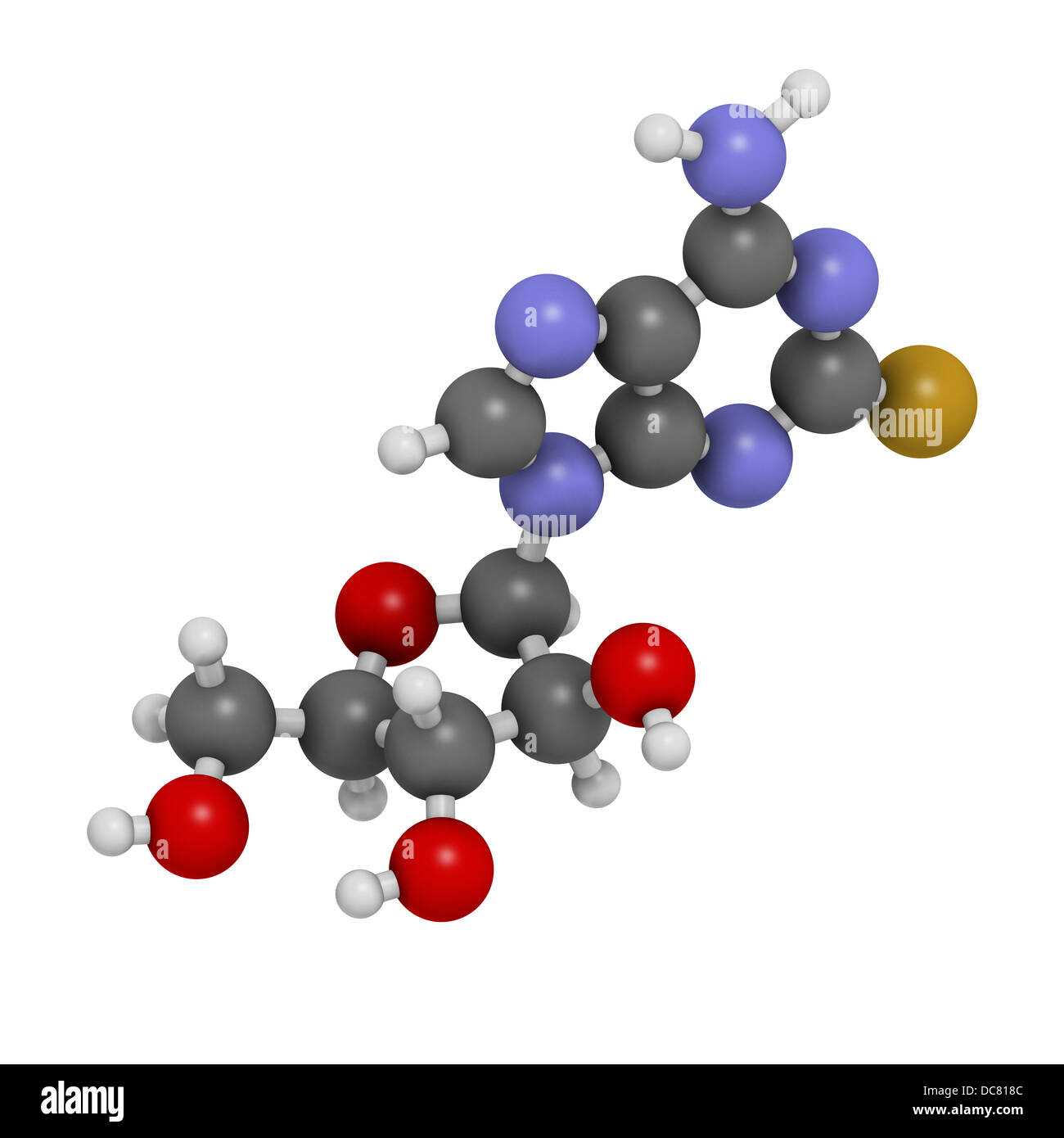 Fludarabine blood cancer drug, chemical structure. Atoms are ...