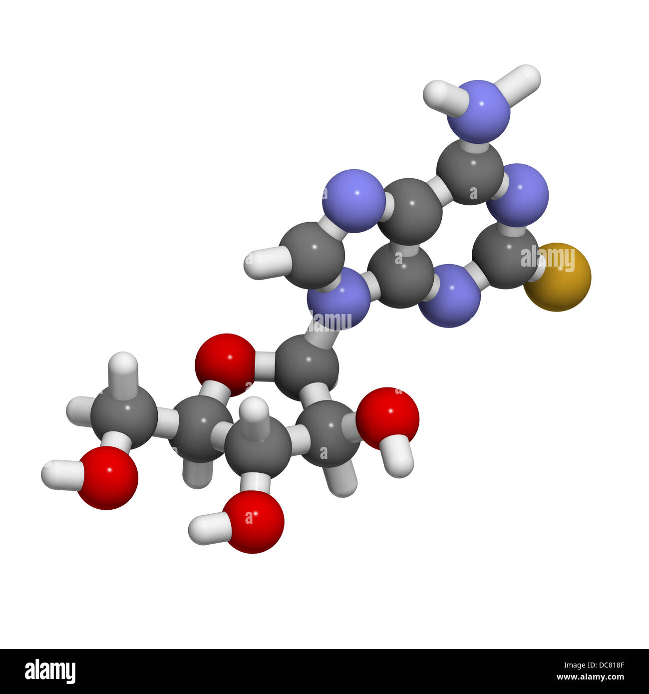 Fludarabine blood cancer drug, chemical structure. Atoms are ...