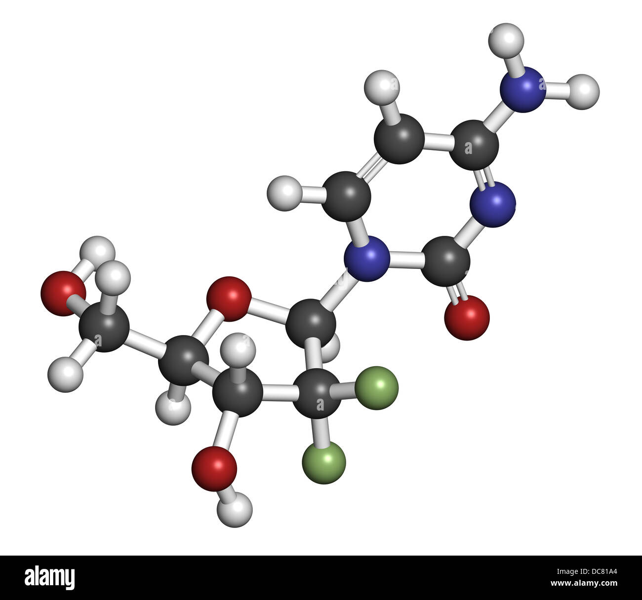 Gemcitabine cancer chemotherapy drug, chemical structure. Atoms are ...