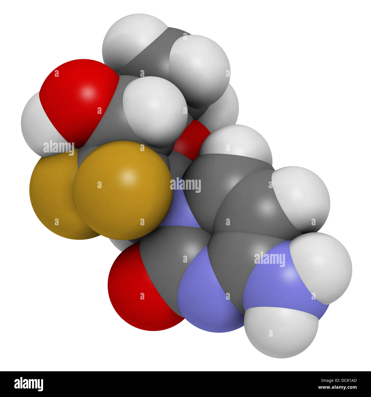 Gemcitabine cancer chemotherapy drug, chemical structure. Atoms are ...