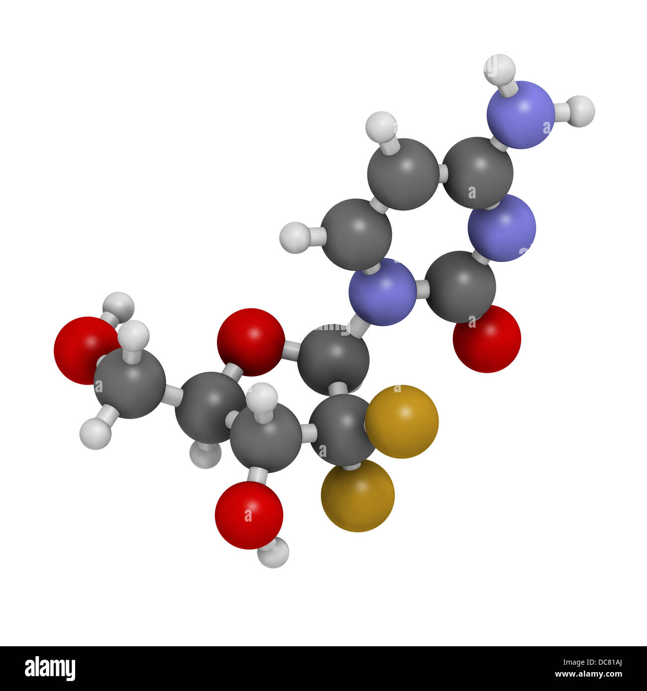 Gemcitabine cancer chemotherapy drug, chemical structure. Atoms are ...