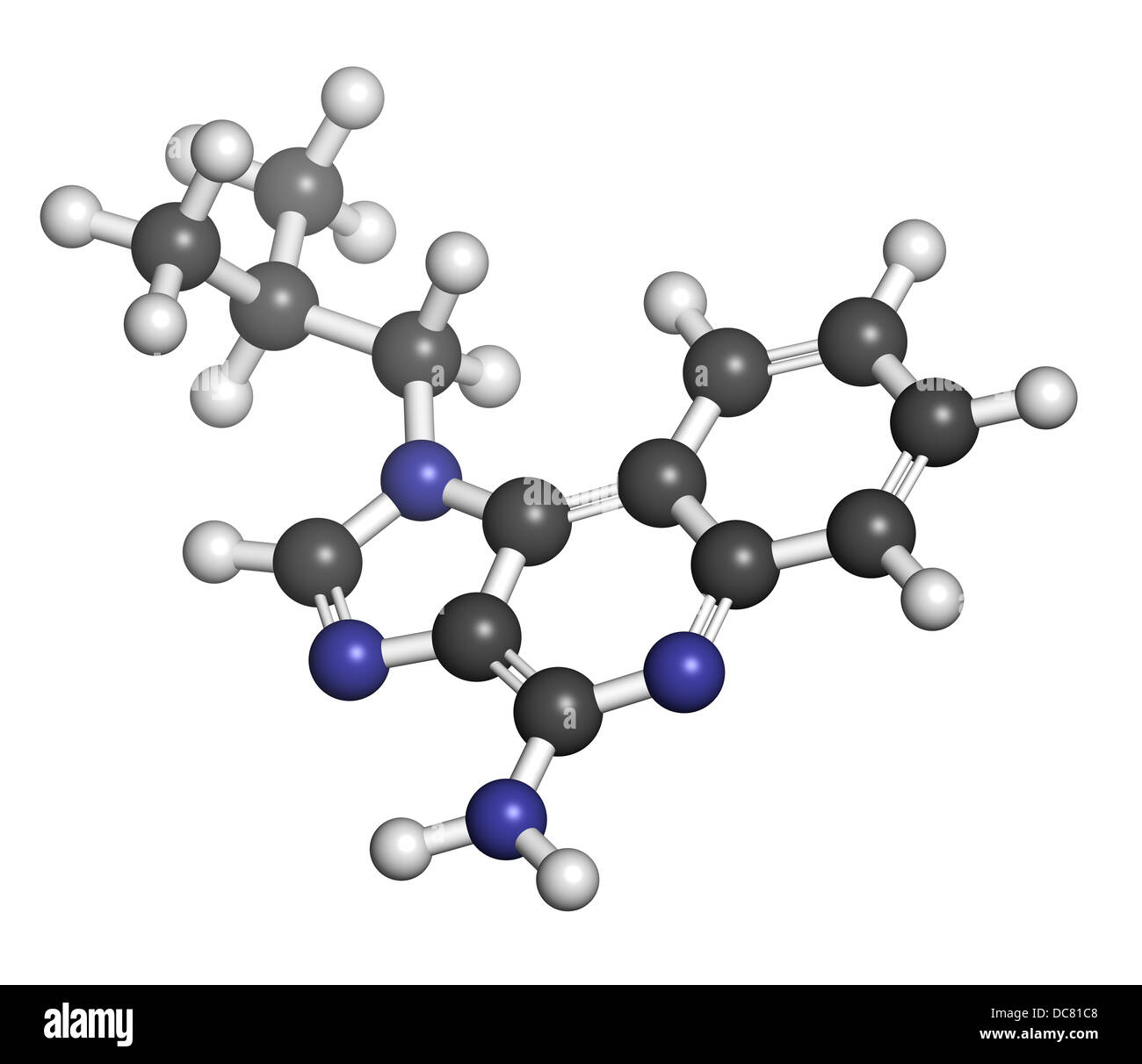 Imiquimod topical skin cancer drug, chemical structure. Atoms are ...