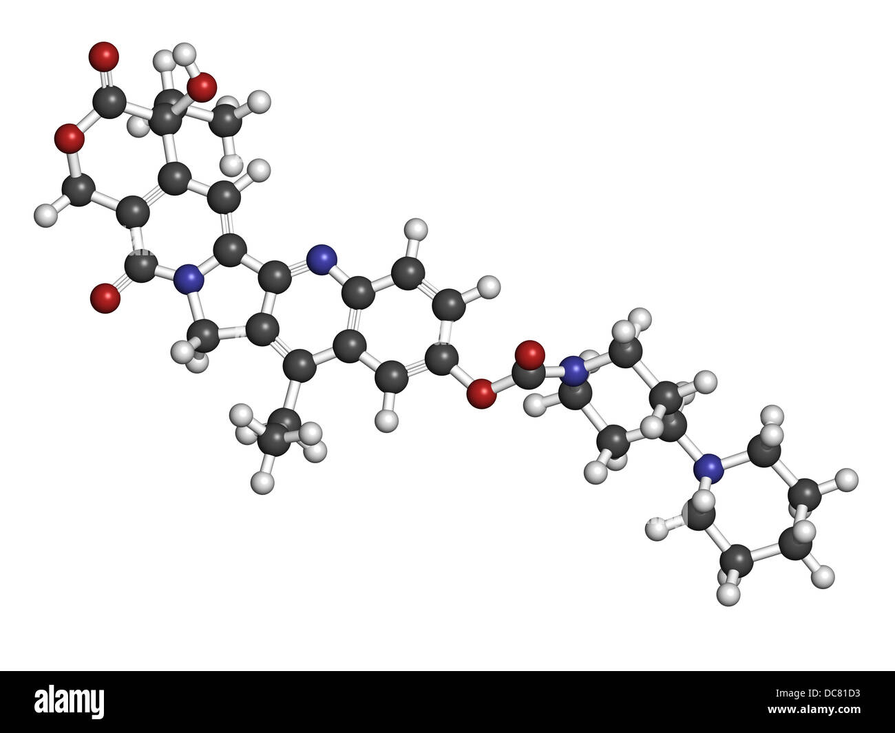 Irinotecan cancer chemotherapy drug, chemical structure. Atoms are ...