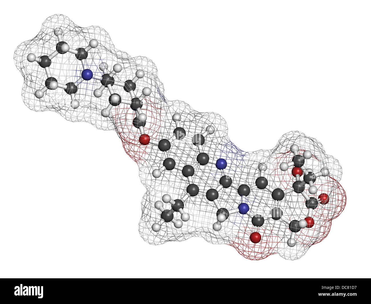 Irinotecan cancer chemotherapy drug, chemical structure. Atoms are ...