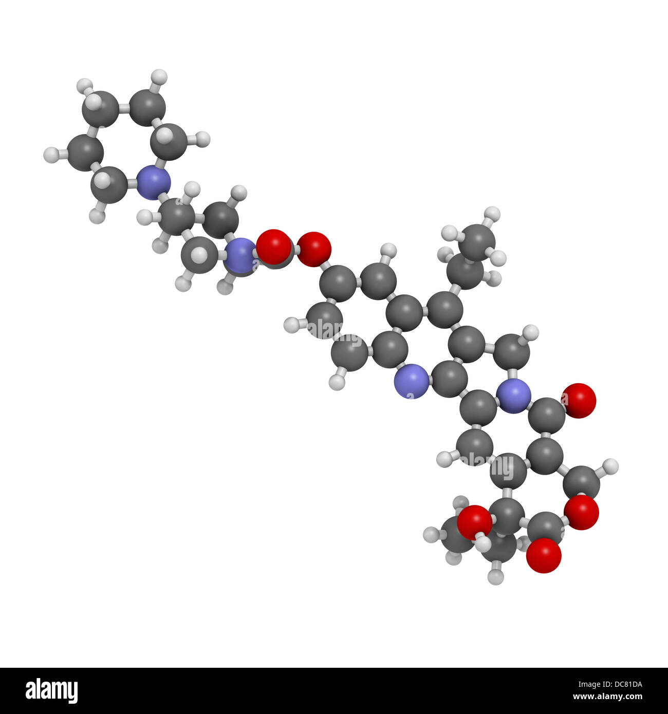 Irinotecan cancer chemotherapy drug, chemical structure. Atoms are ...