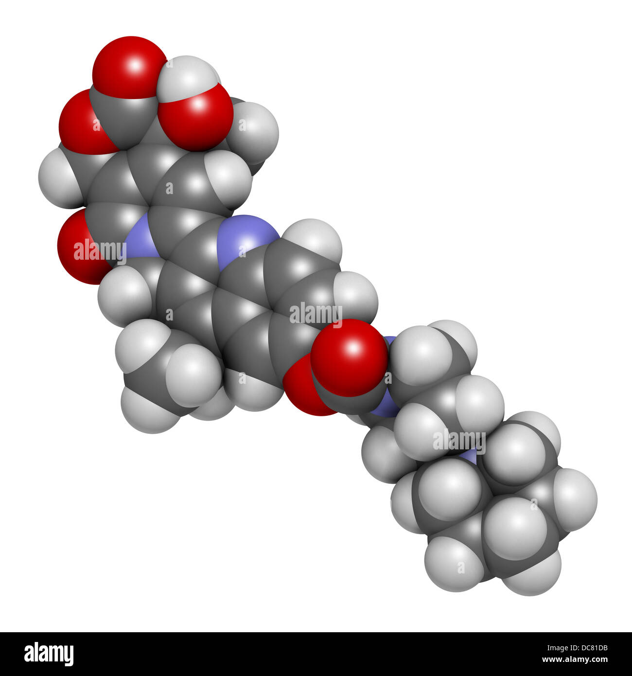 Irinotecan cancer chemotherapy drug, chemical structure. Atoms are ...