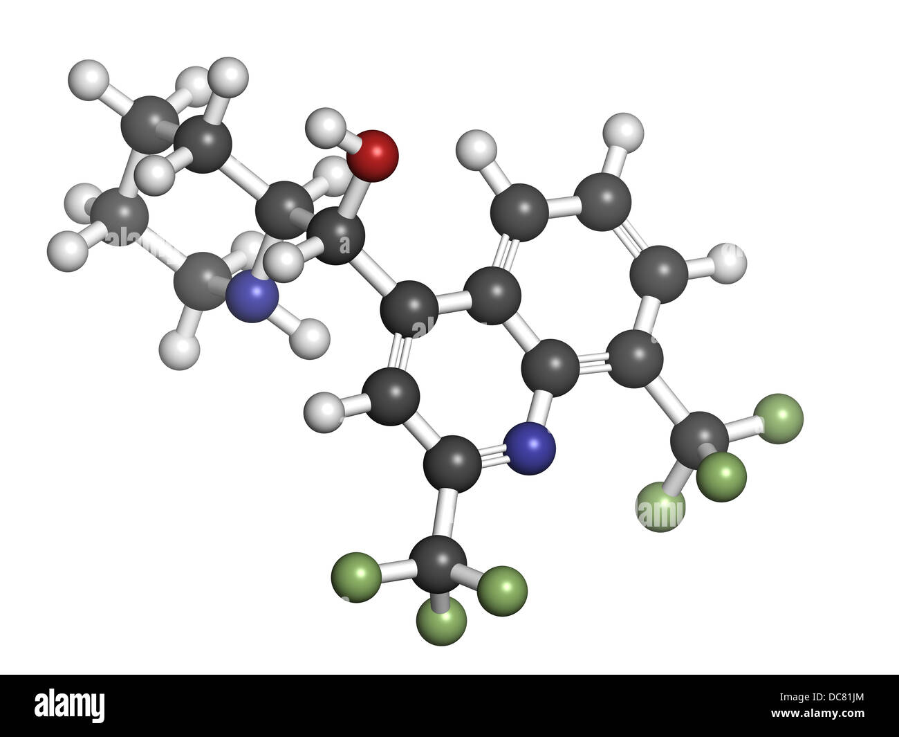 Mefloquine malaria drug, chemical structure. Atoms are represented as ...