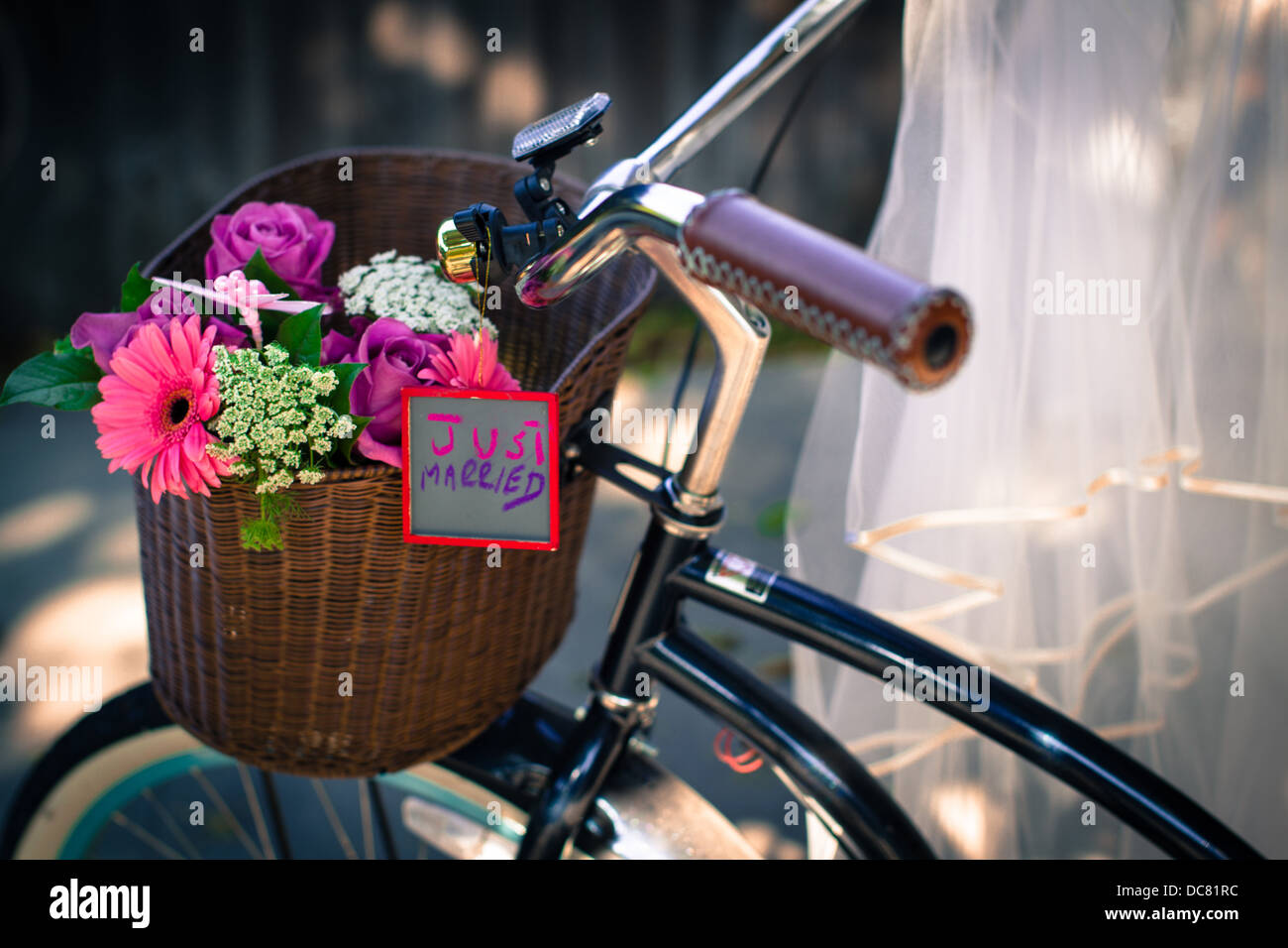Just Married sign on a bike with flowers and the brides veil Stock ...