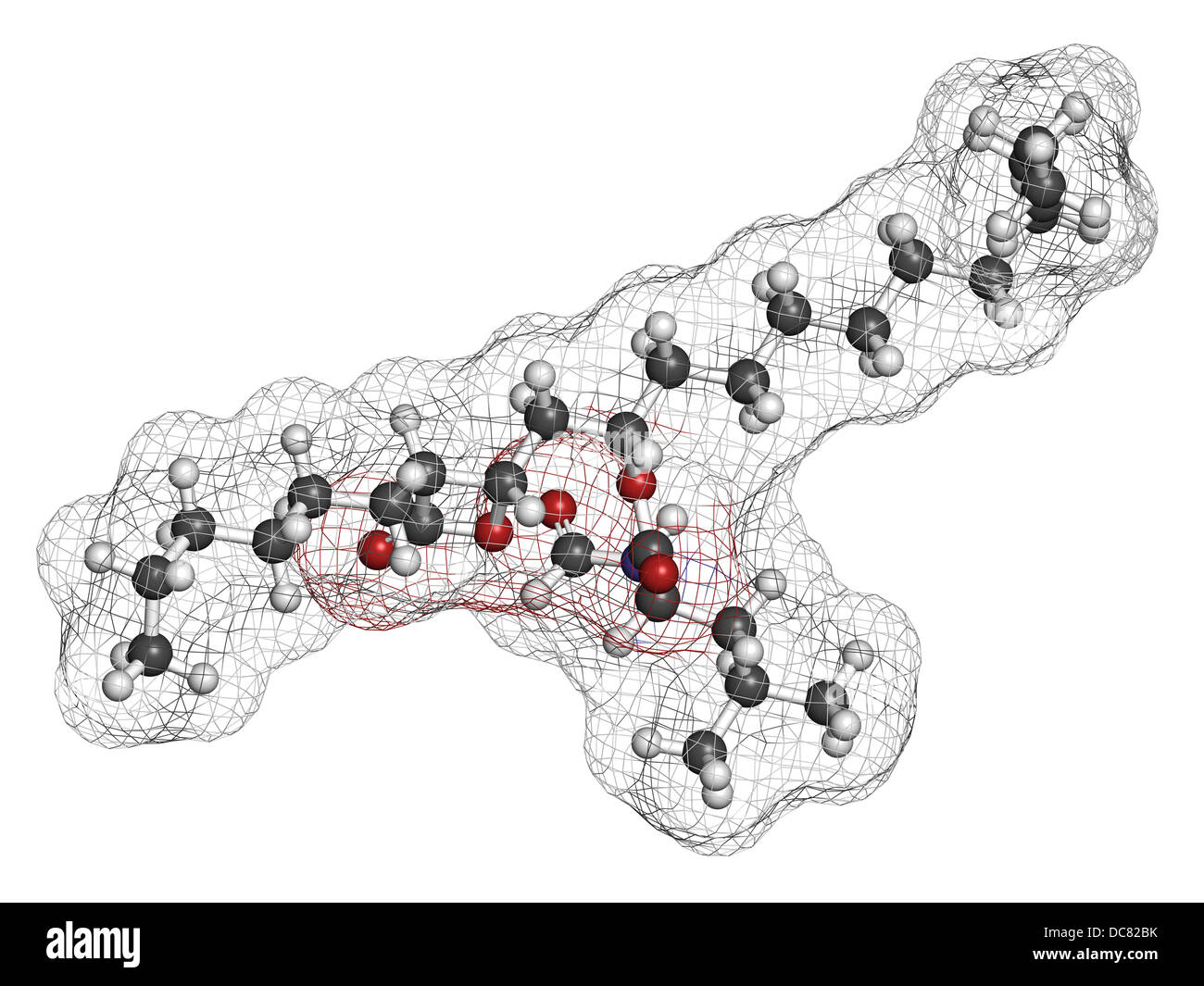 Orlistat obesity drug, chemical structure. Atoms are represented as ...