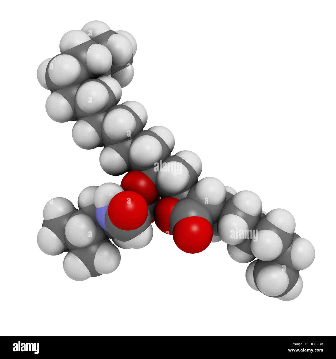 Orlistat obesity drug, chemical structure. Atoms are represented as ...