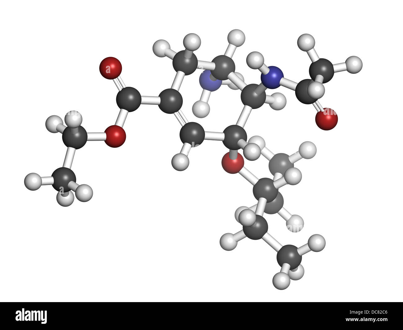 Oseltamivir influenza virus drug, chemical structure. Atoms are ...