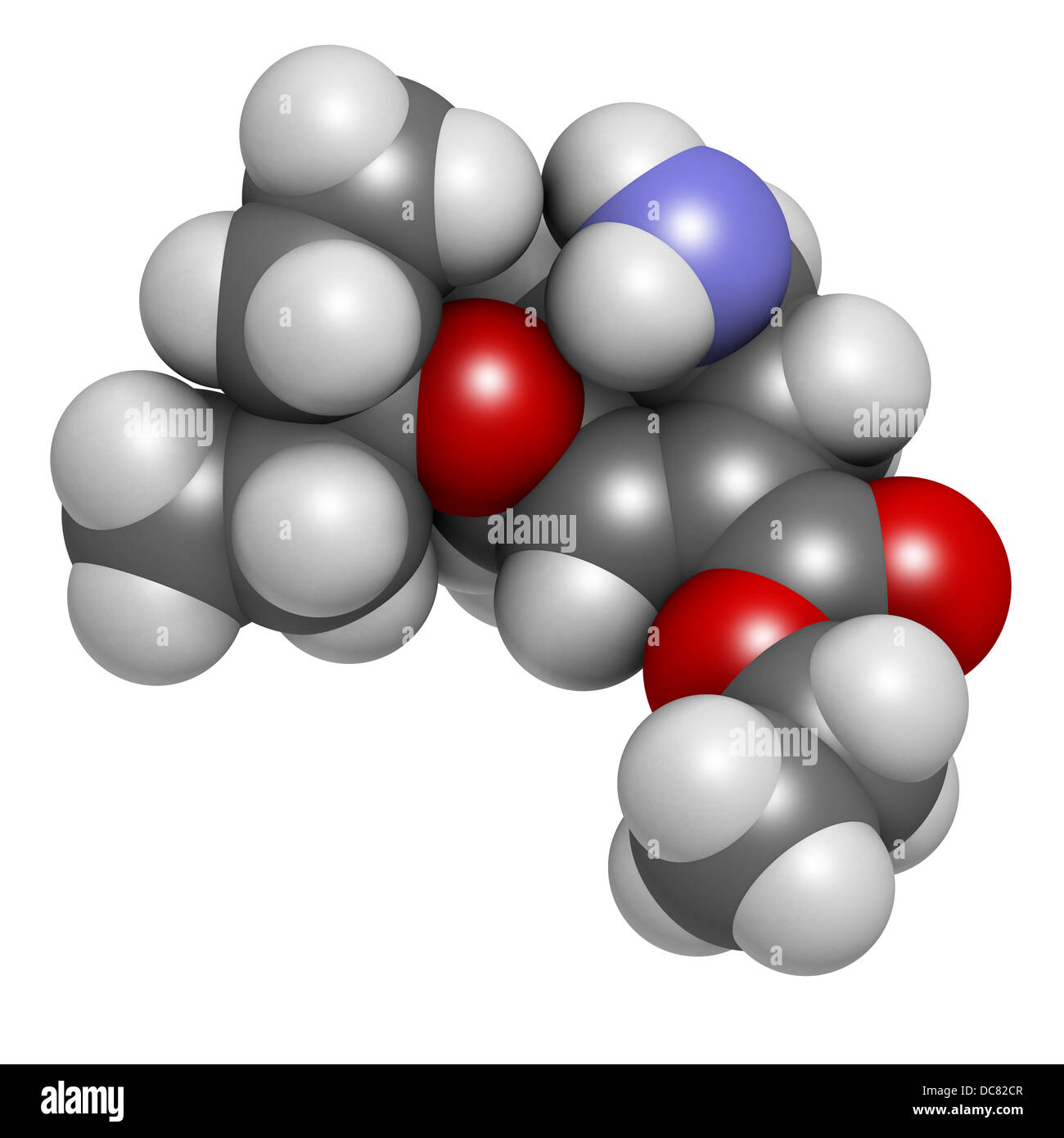 Oseltamivir influenza virus drug, chemical structure. Atoms are ...