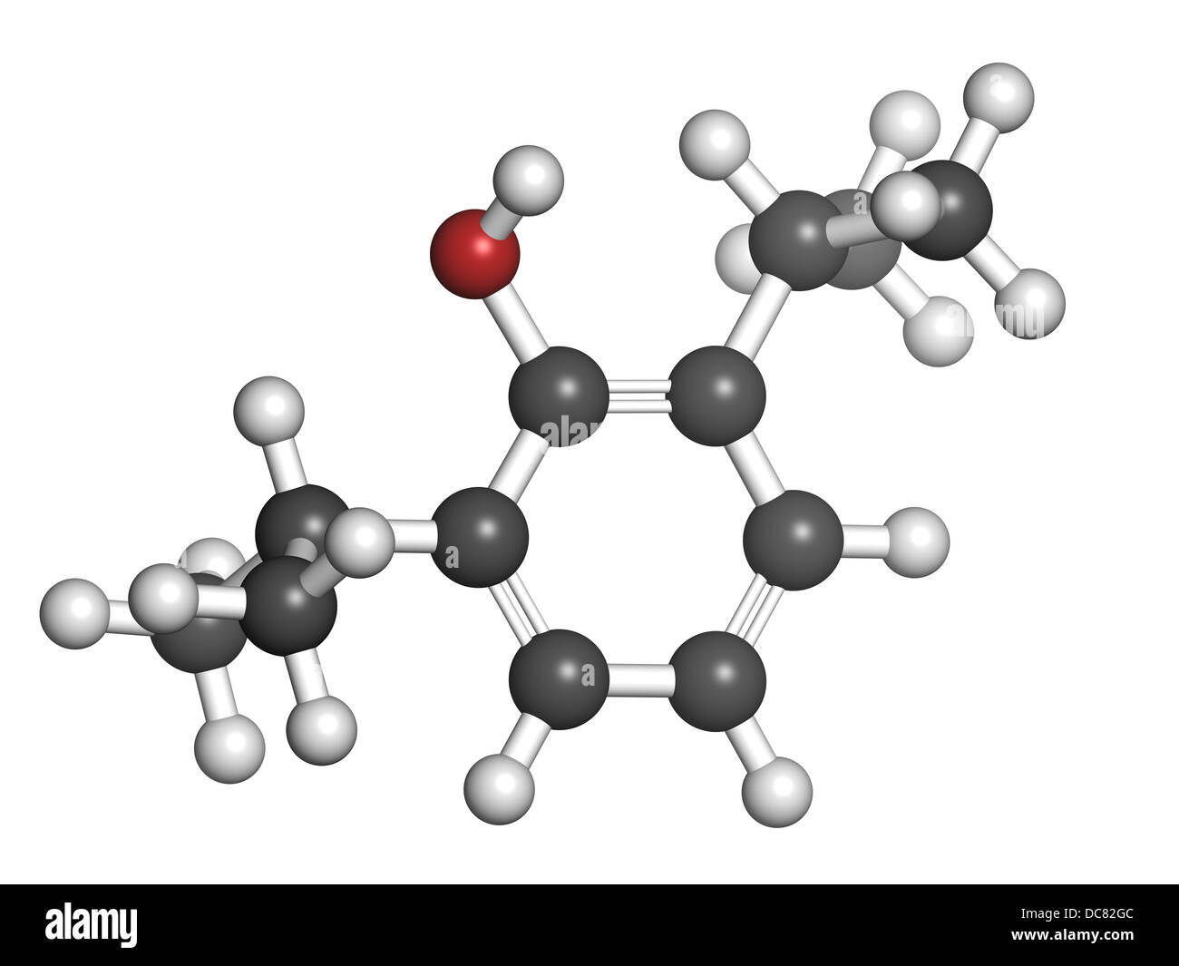 Propofol anesthetic drug, chemical structure. Atoms are represented as ...