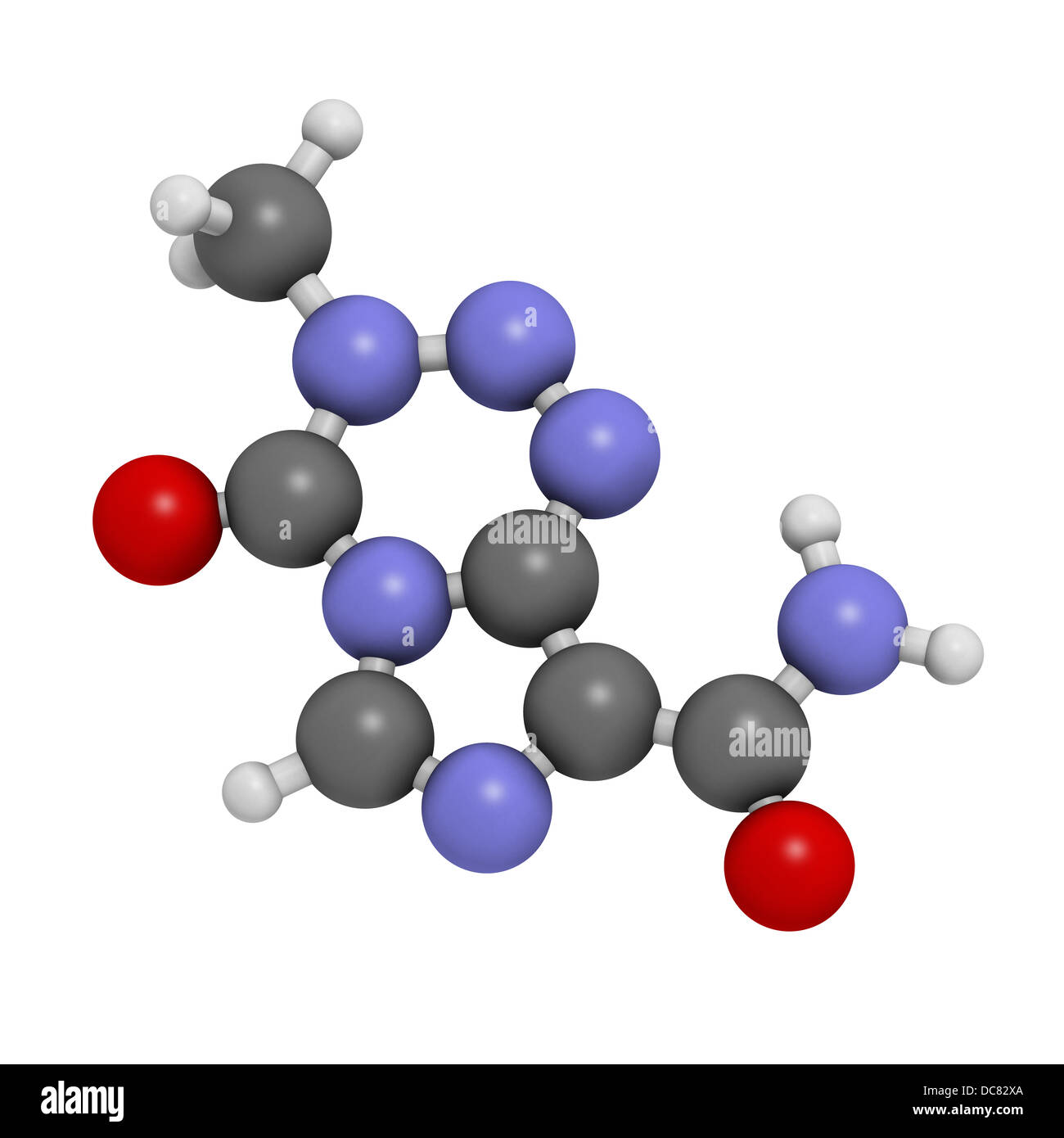 Temozolomide cancer chemotherapy drug, chemical structure. Atoms are ...