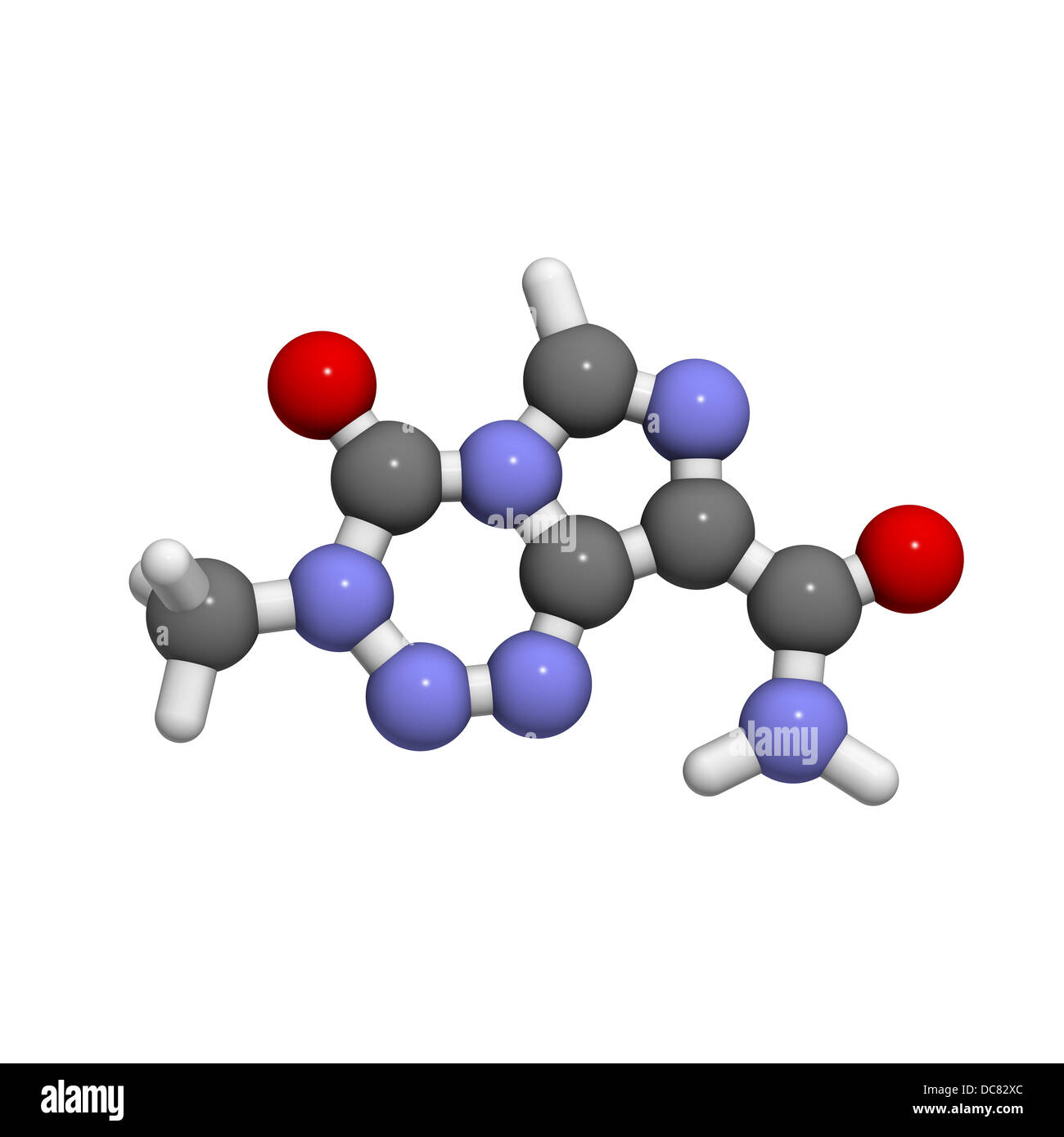 Temozolomide cancer chemotherapy drug, chemical structure. Atoms are ...