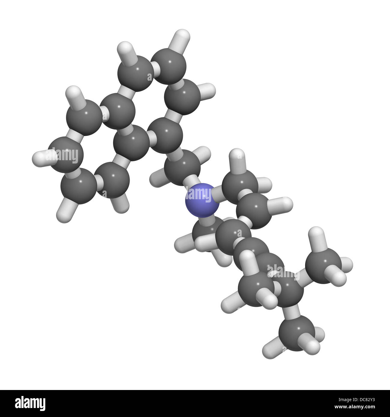 Terbinafine antifungal drug, chemical structure. Atoms are represented ...