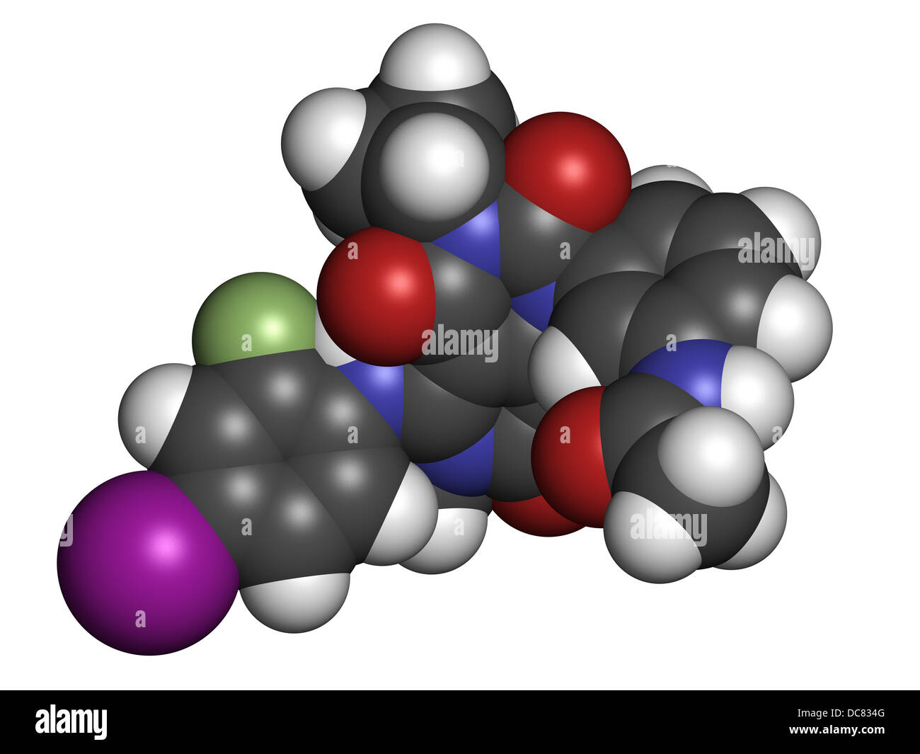 Trametinib melanoma cancer drug, chemical structure. Atoms are ...