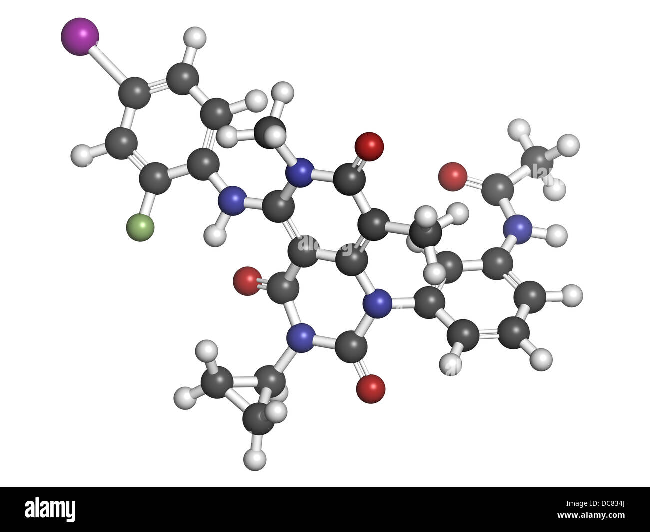 Trametinib melanoma cancer drug, chemical structure. Atoms are ...