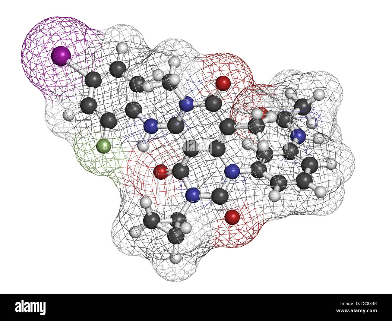 Trametinib melanoma cancer drug, chemical structure. Atoms are ...