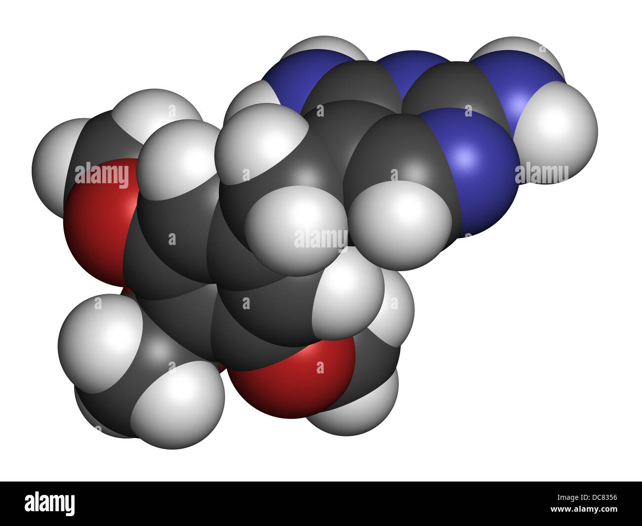 Trimethoprim antibiotic drug, chemical structure. Atoms are represented ...