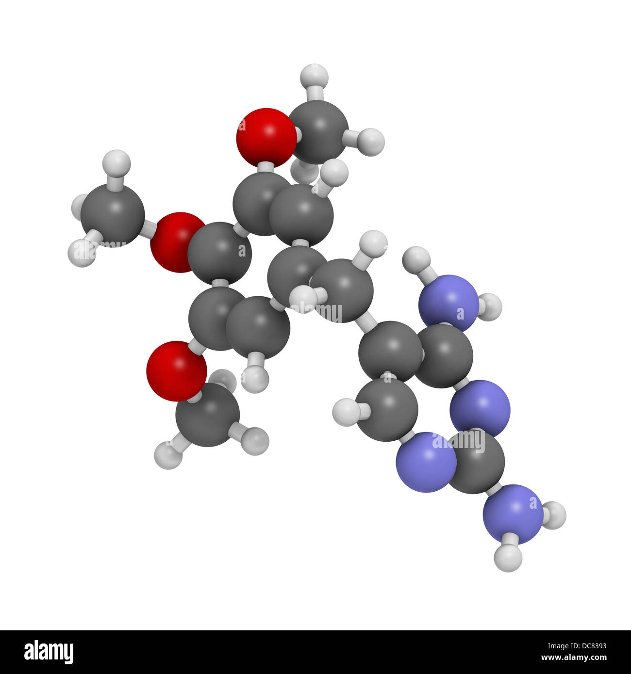 Trimethoprim antibiotic drug, chemical structure. Atoms are represented ...