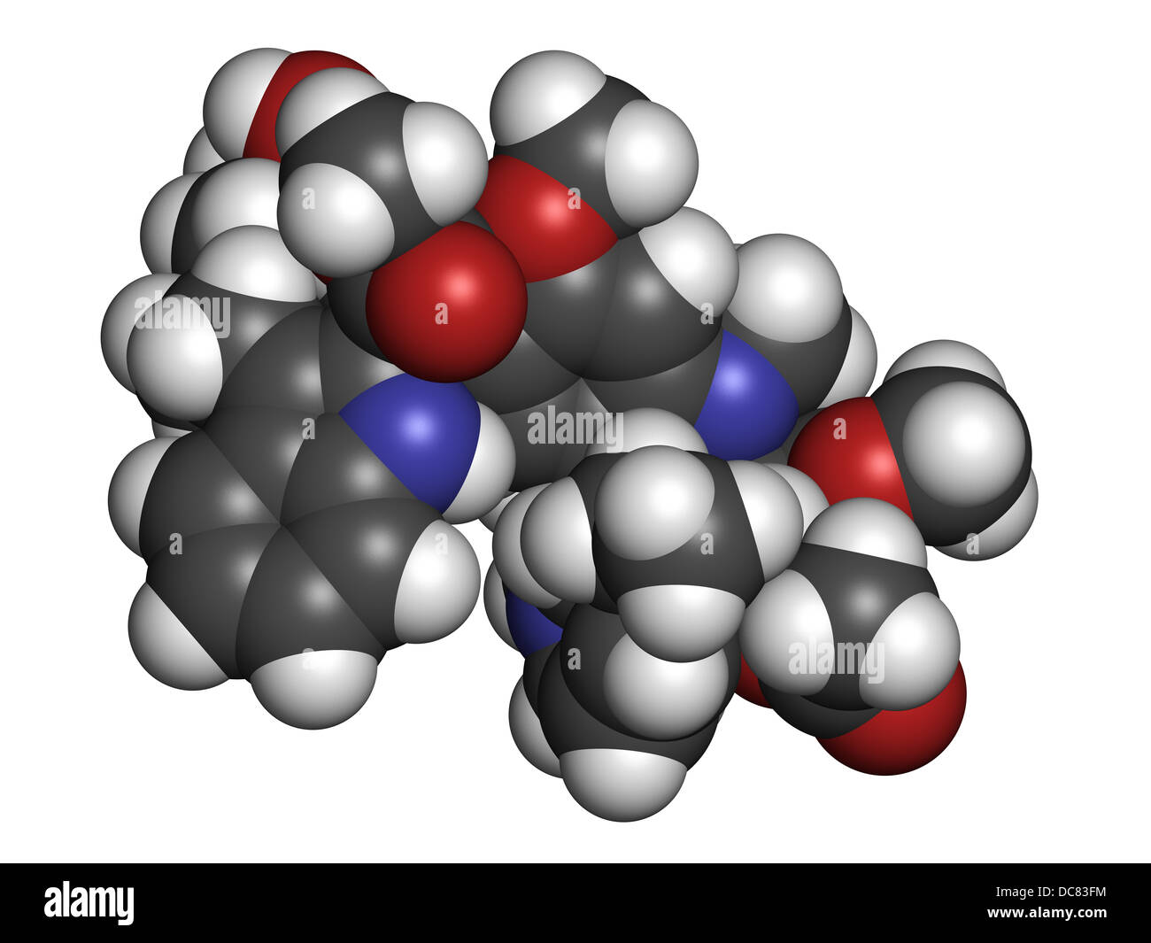 Vinblastine cancer chemotherapy drug, chemical structure. Atoms are ...