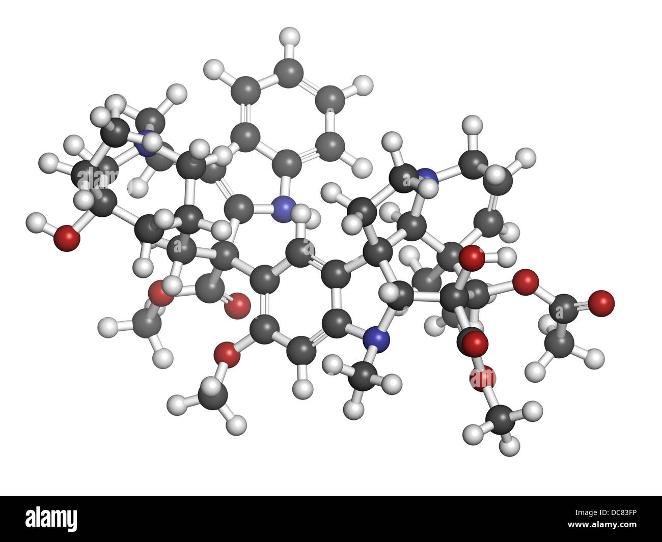 Vinblastine cancer chemotherapy drug, chemical structure. Atoms are ...