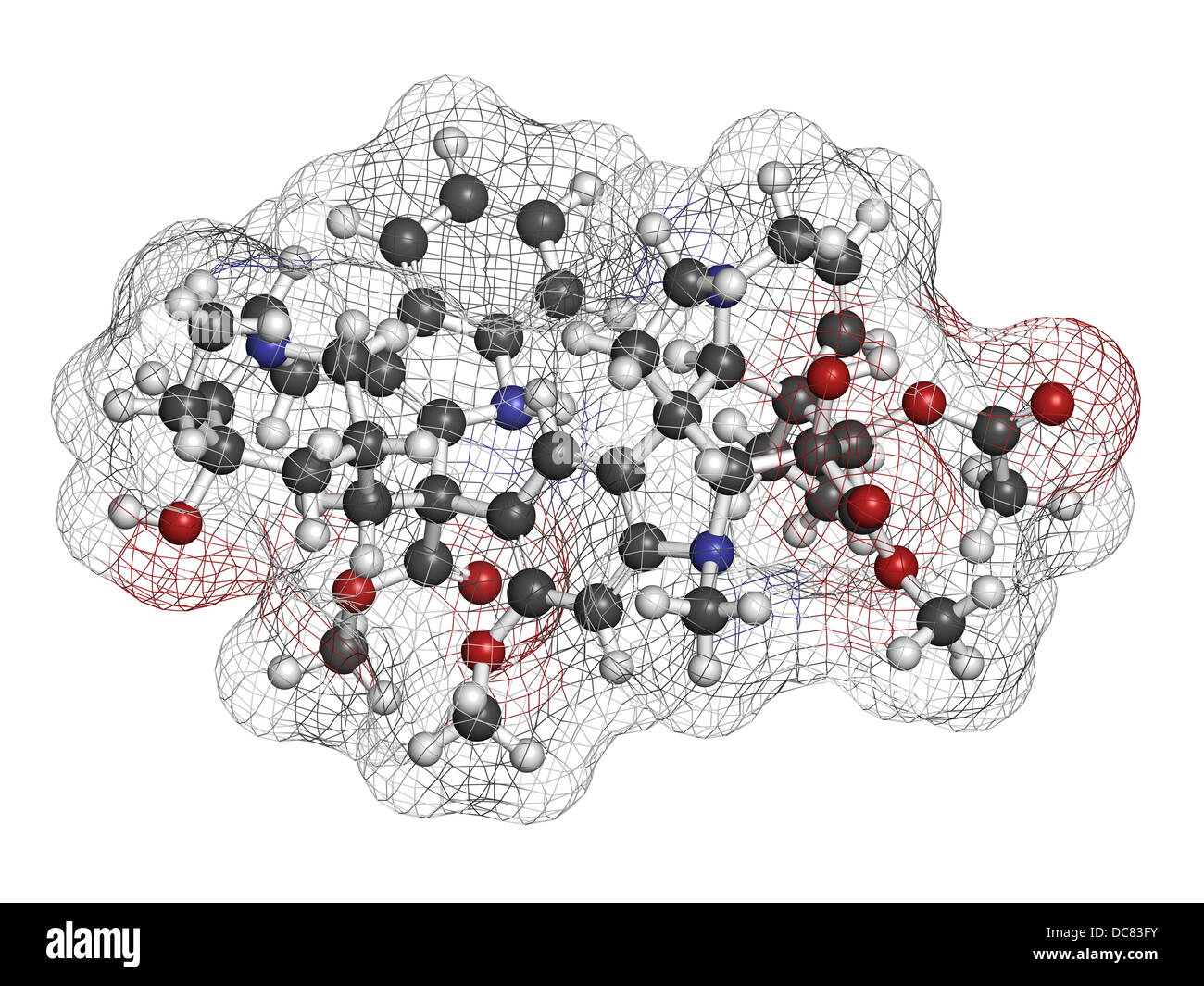 Vinblastine cancer chemotherapy drug, chemical structure. Atoms are ...