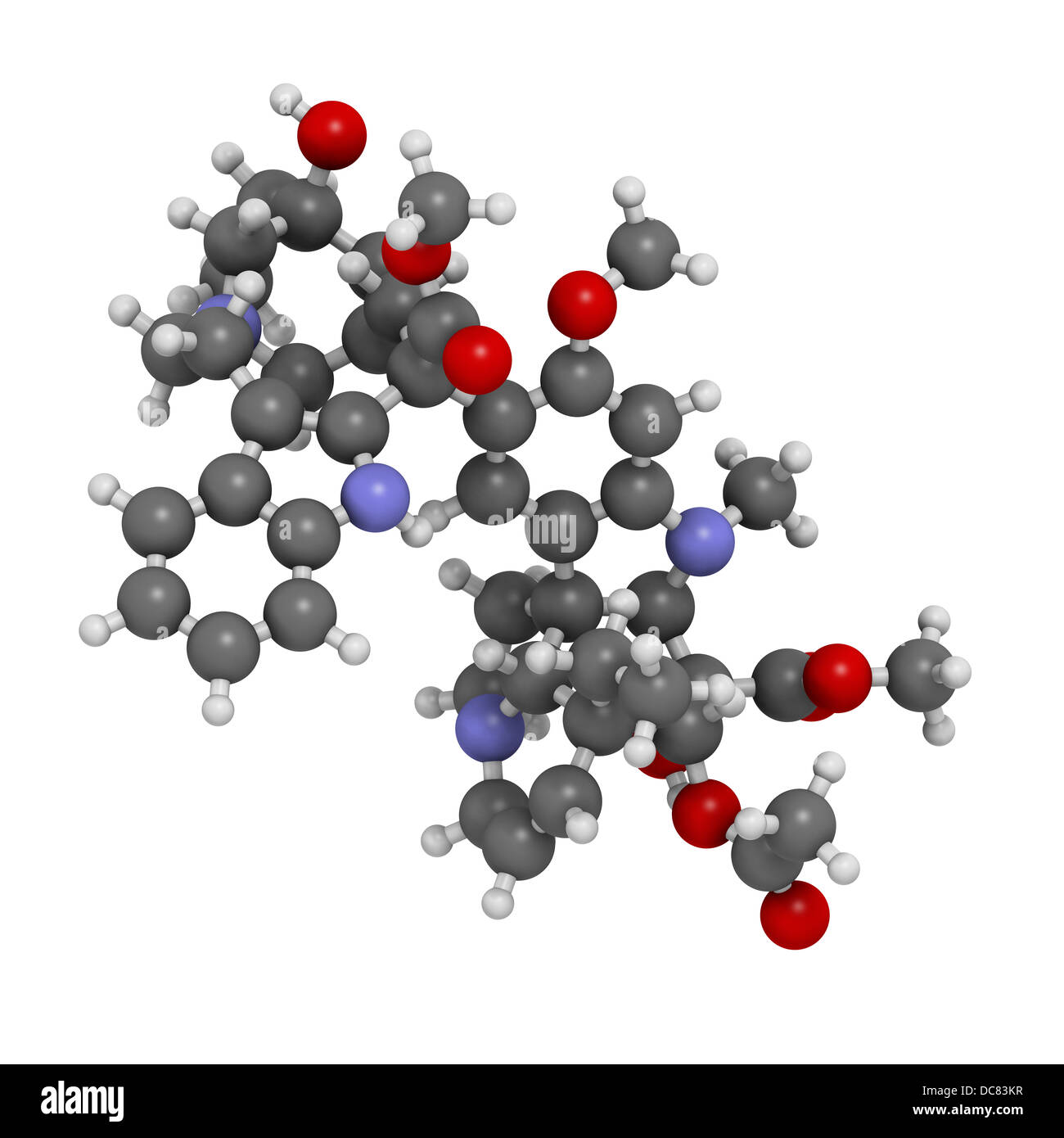 Vinblastine cancer chemotherapy drug, chemical structure. Atoms are ...