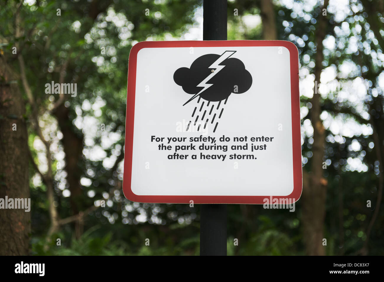 Storm warning sign in a modern park Stock Photo - Alamy