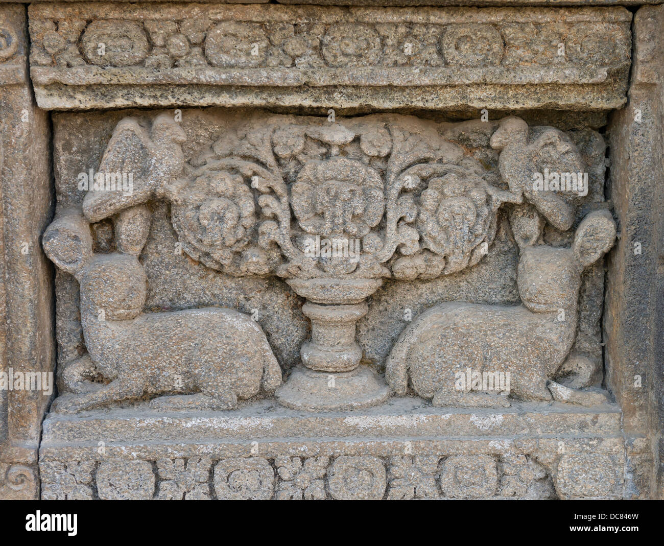 Prambanan panel, kalpataru tree flanked by a pair of animals, Prambanan ...