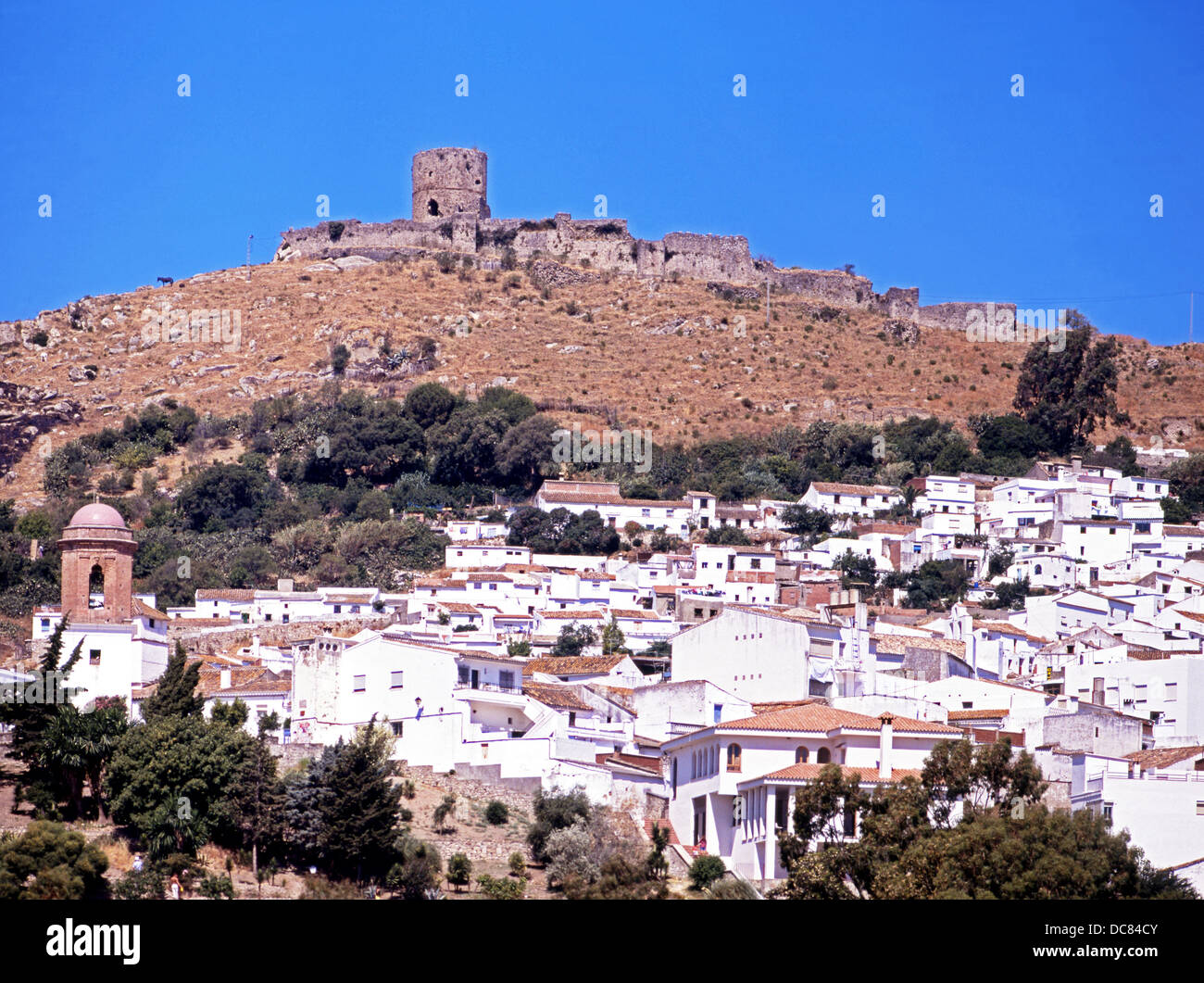 View across the town looking towards the castle on the hill, Jimena de ...