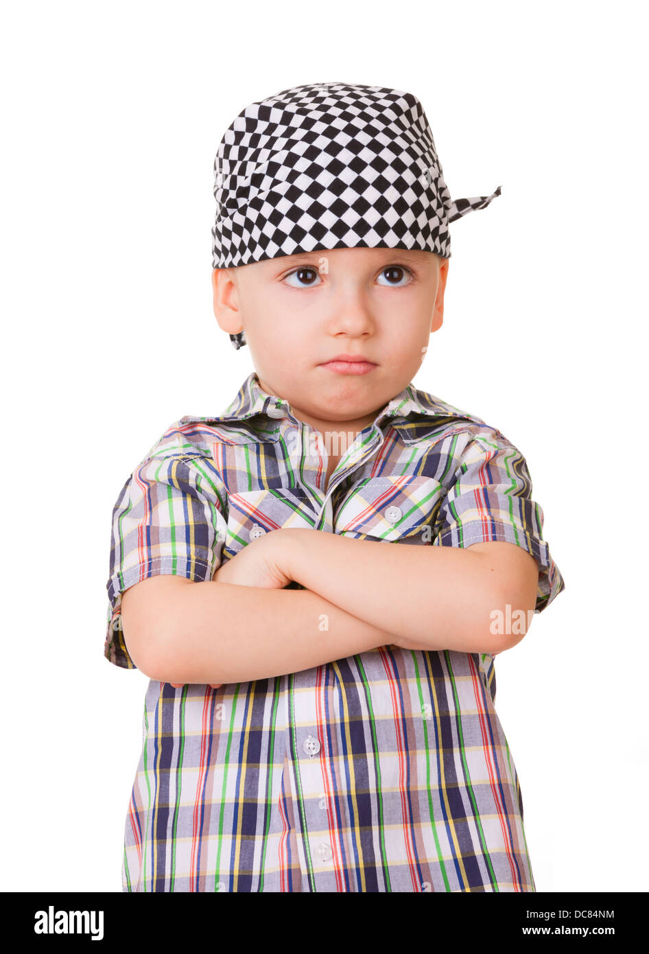Portrait of serious, angry or sad child isolated on white background ...