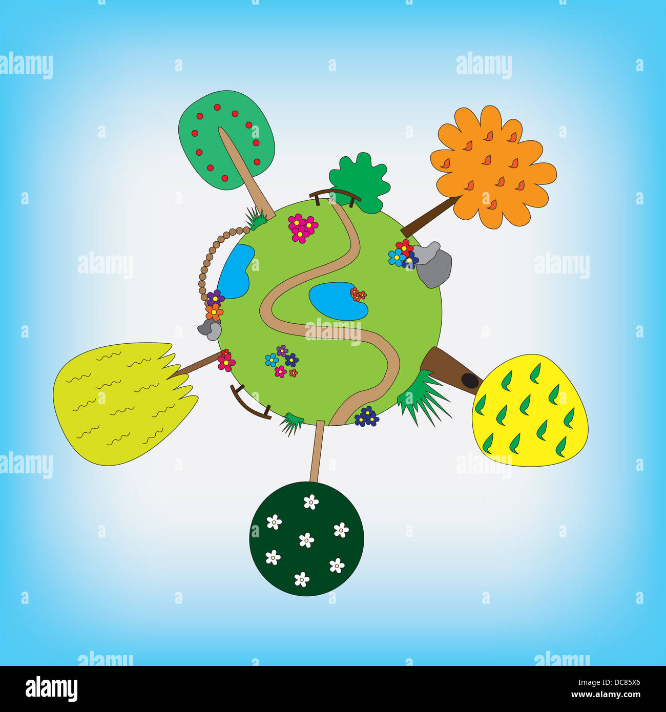 Small Earth with trees, flower on it illustration Stock Photo - Alamy