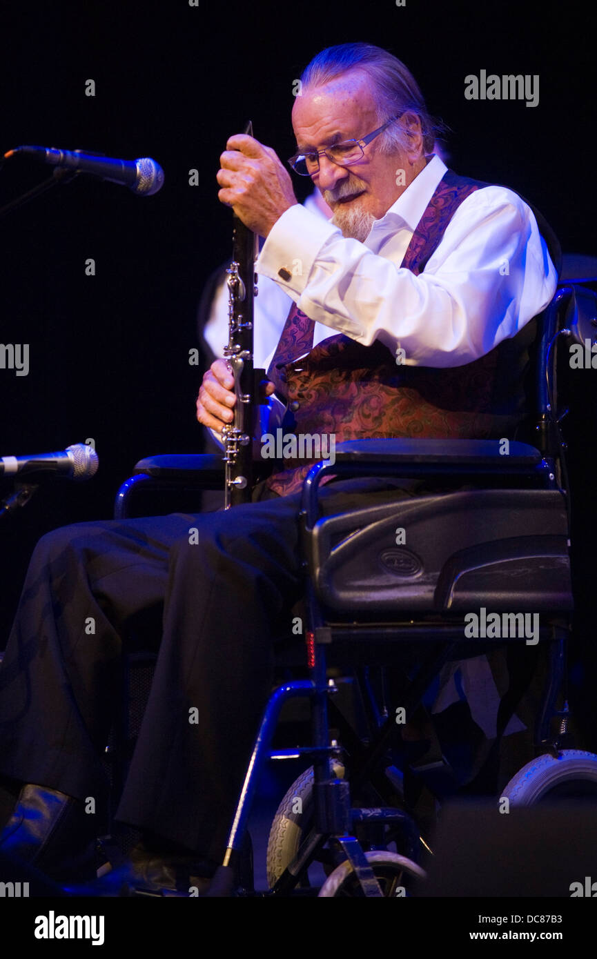 Jazz legend Mr Acker Bilk playing clarinet in a wheelchair with his ...