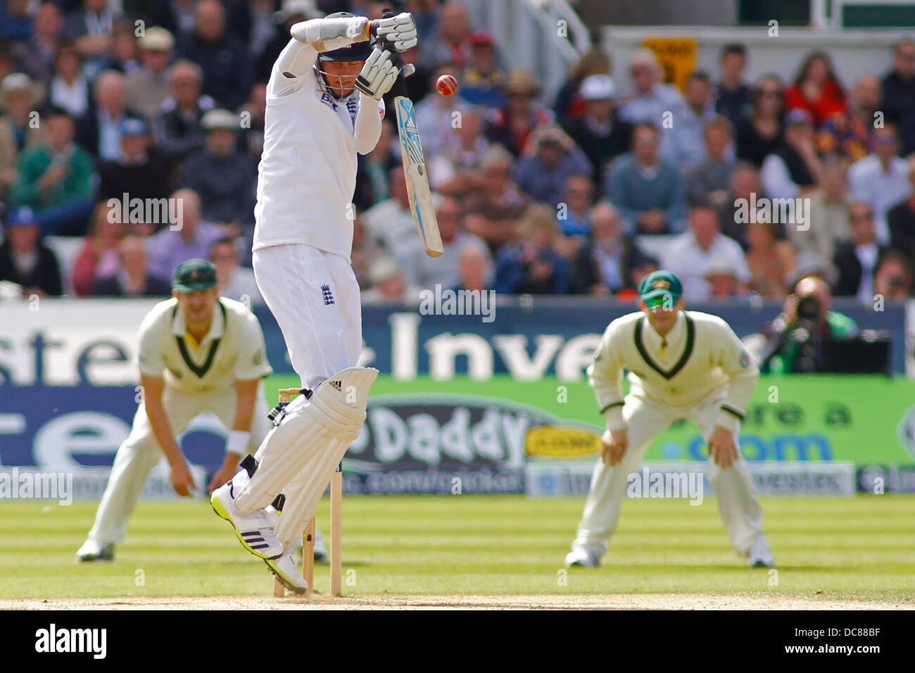 Chester Le Street, UK. 12th Aug, 2013. Stuart Broad hits the ball and ...