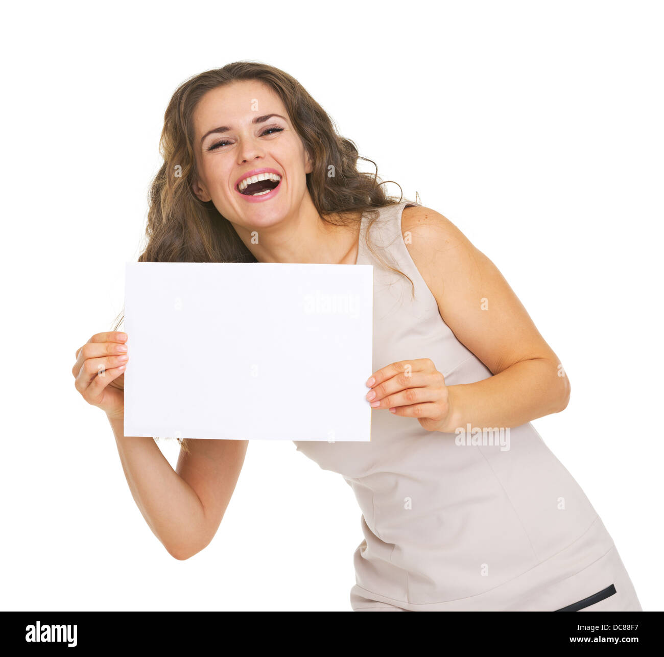 Lady showing white paper hi-res stock photography and images - Alamy