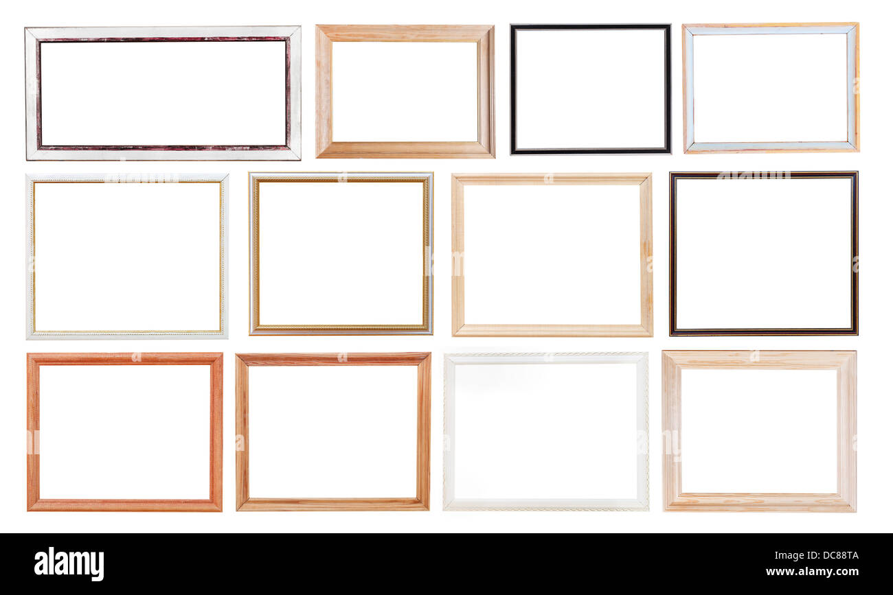 set of old simple picture frames with cutout canvas isolated on white ...