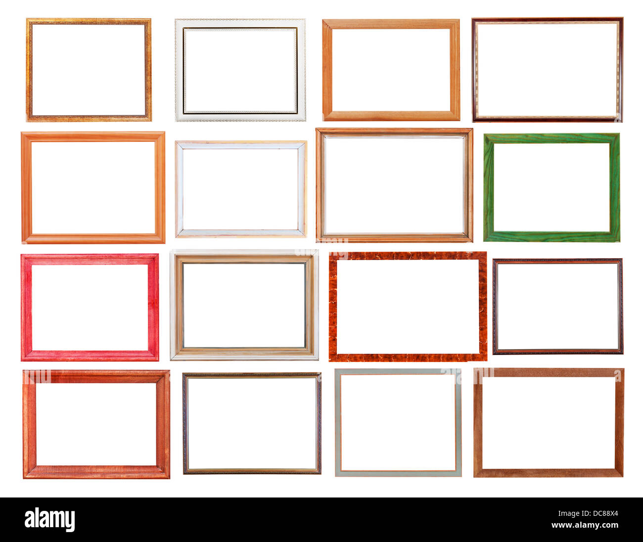 set of narrow wooden picture frame with cutout canvas isolated on white ...