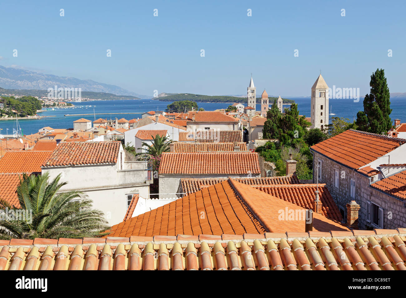 four church towers, Rab Town, Rab Island, Kvarner Gulf, Croatia Stock ...