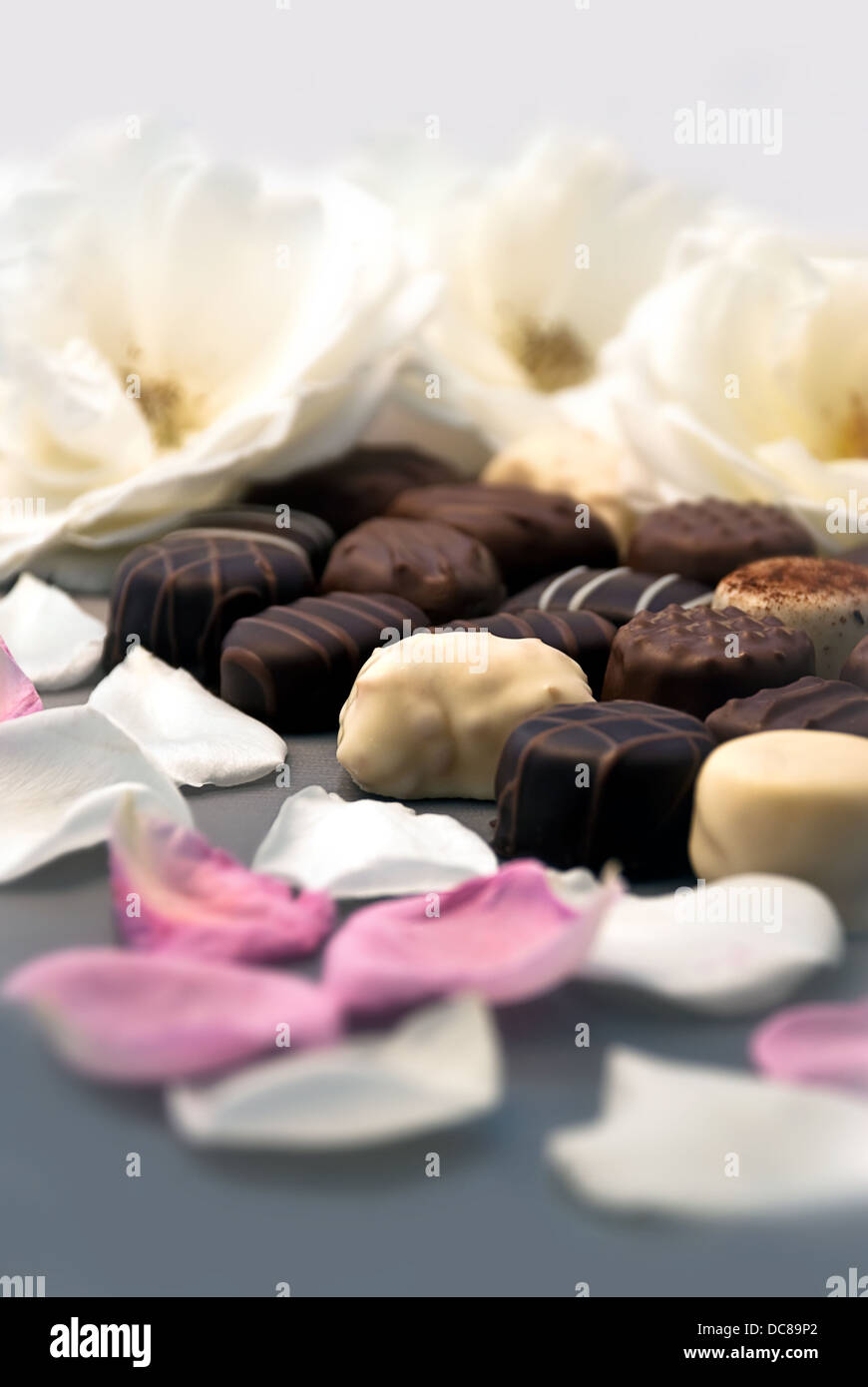 Chocolate truffles and rose petals Stock Photo - Alamy