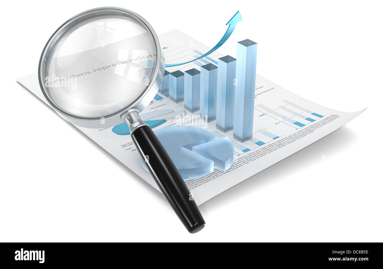 Magnifying glass over Financial document with 3D Graph and pie chart of ...