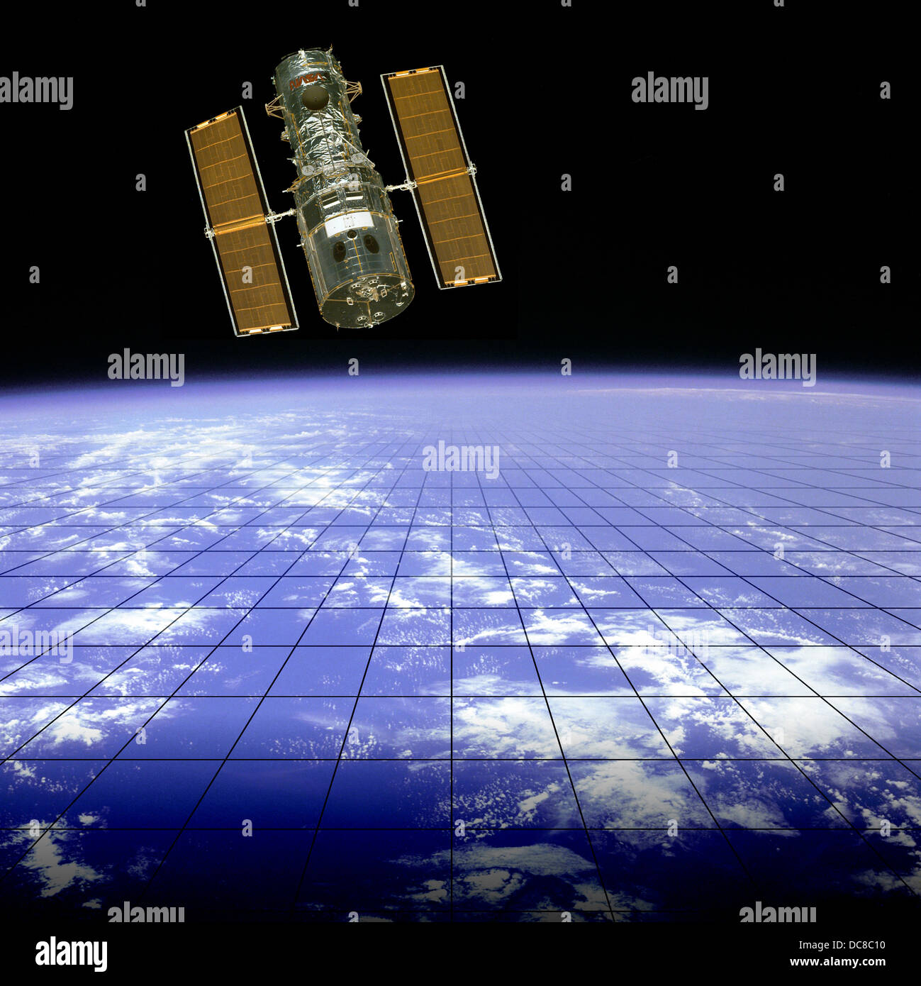 NASA Hubble Telescope floating over earth with perspective grid Stock ...