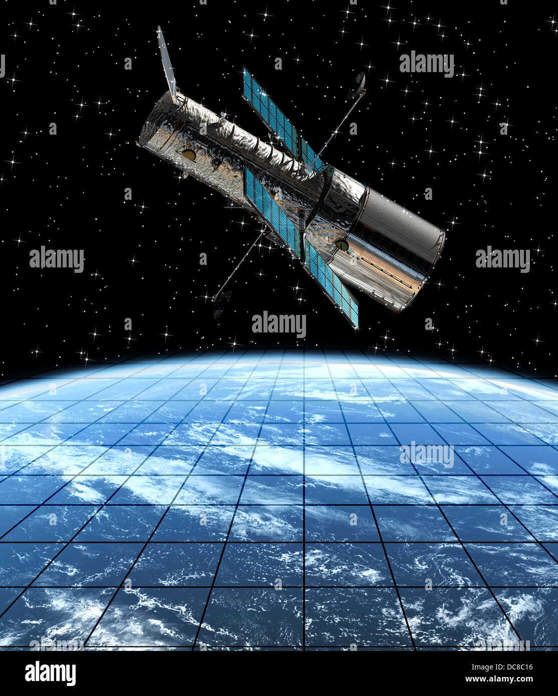 NASA Hubble Telescope floating over earth with perspective grid Stock ...