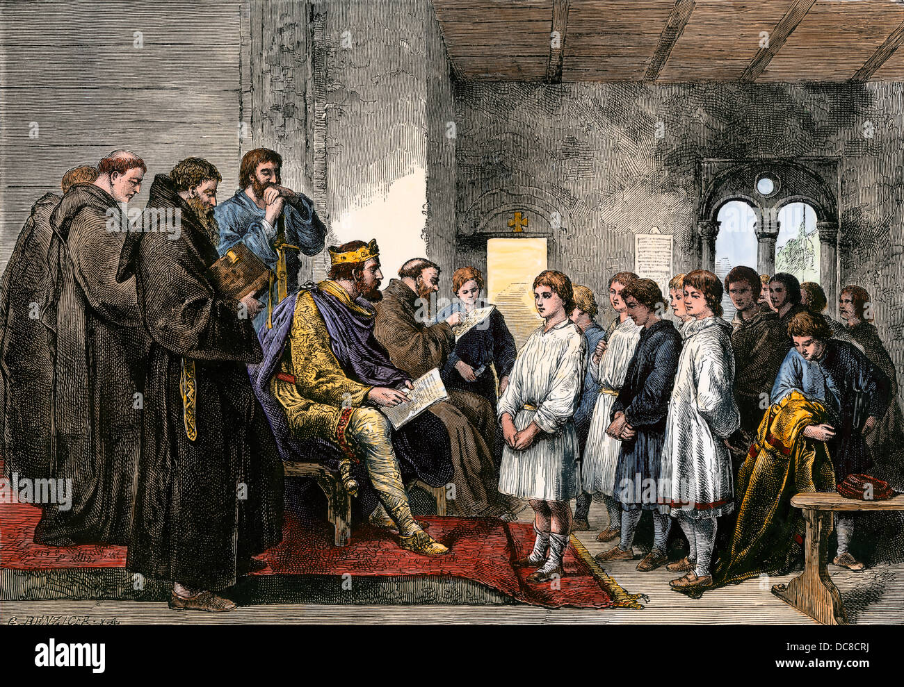 King Alfred visiting a monastery school, England, 800s. Hand-colored ...