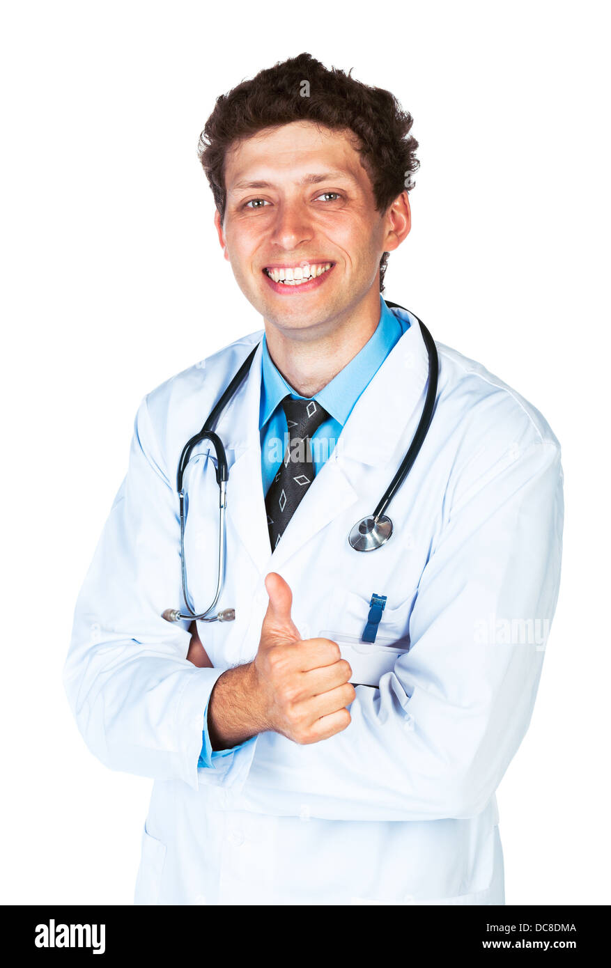 Portrait of a smiling male doctor with finger up on white background ...