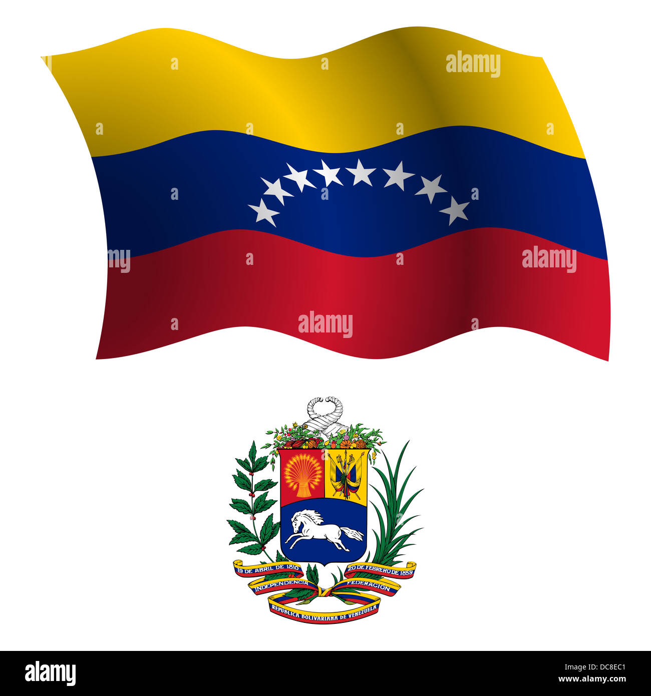 venezuela wavy flag and coat of arm against white background, vector ...